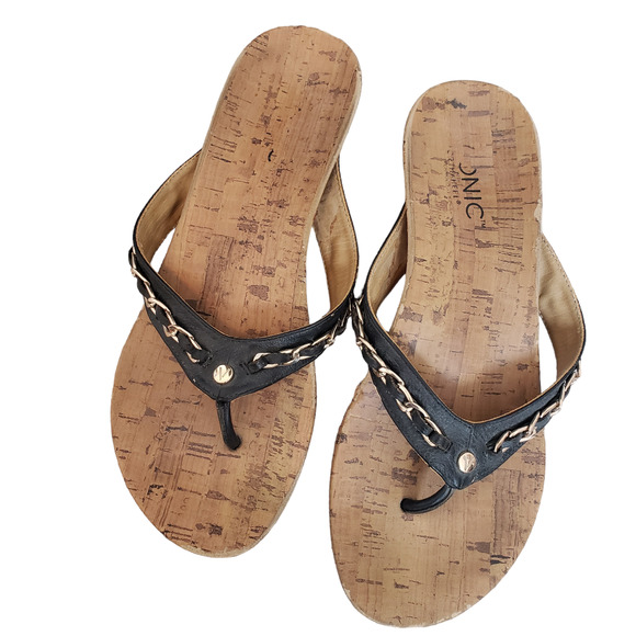 Vionic | Shoes | Orthotic Aruba Black Gold Chain Faux Cork Wedge Flip ...